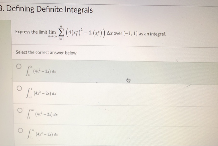 Solved . Defining Definite Integrals Express the limit lim Σ | Chegg.com