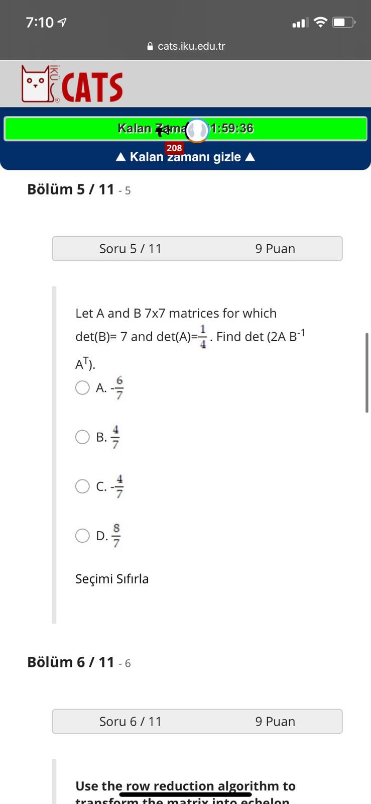 Solved 7:10 7 cats.iku.edu.tr CATS Kalan kam 11:59:51 208 A | Chegg.com
