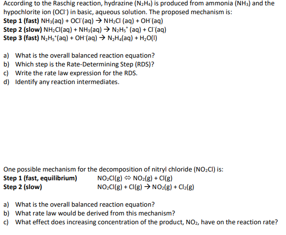 Solved According to the Raschig reaction, hydrazine (N2Ha) | Chegg.com