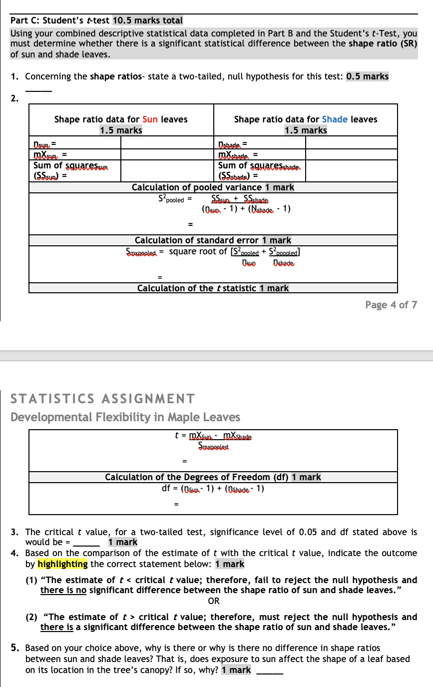 Part C: Student's t-test 10.5 marks total Using your | Chegg.com