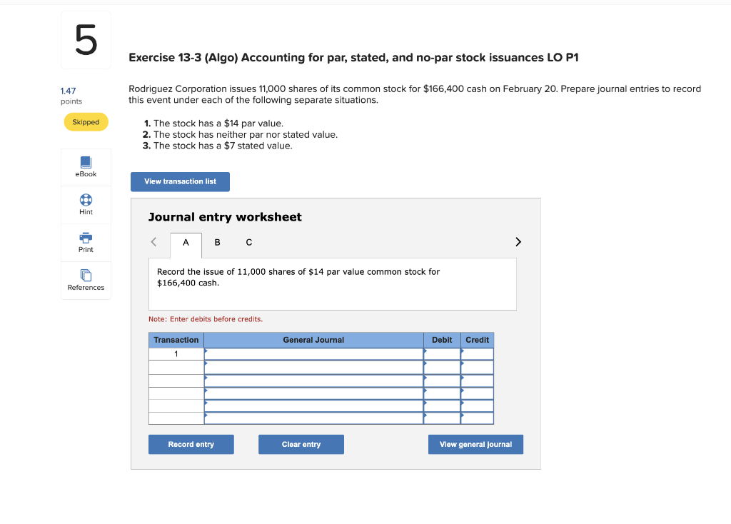 Solved Exercise 13-3 (Algo) Accounting for par, stated, and | Chegg.com