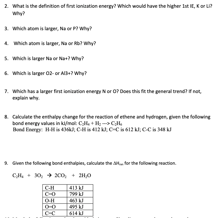 Solved 2. What is the definition of first ionization energy? | Chegg.com