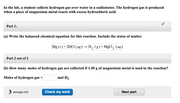 Solved In the lab, a student collects hydrogen gas over | Chegg.com