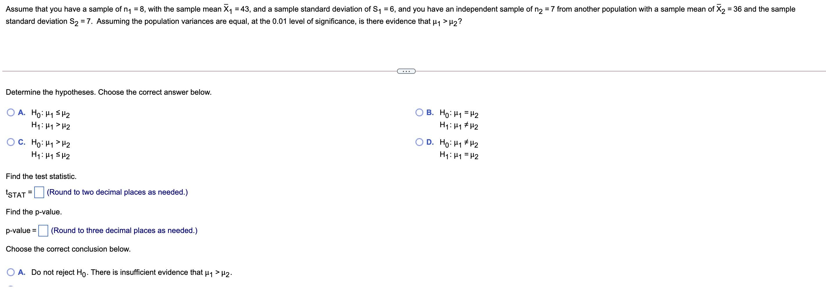 Solved = Assume that you have a sample of n1 = 8, with the | Chegg.com