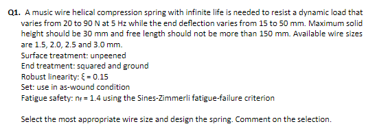 Solved Q1. A music wire helical compression spring with | Chegg.com