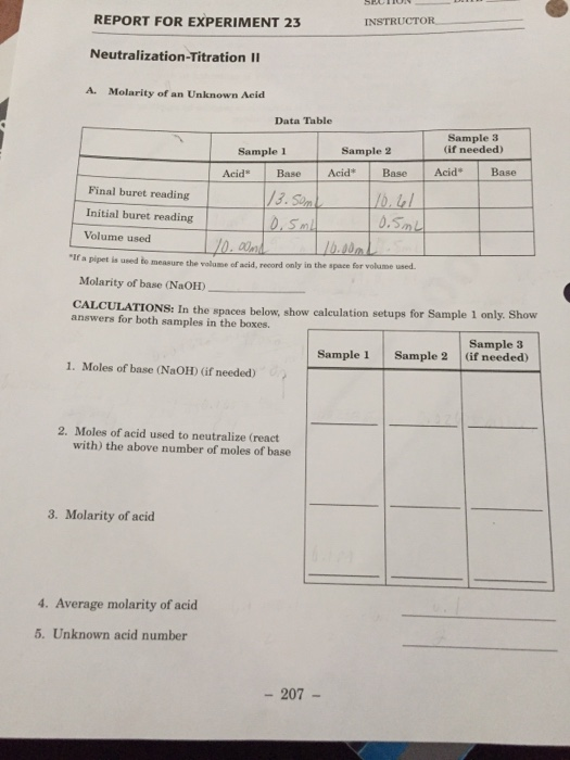 Solved REPORT FOR EXPERIMENT 23 Neutralization-Titration II | Chegg.com
