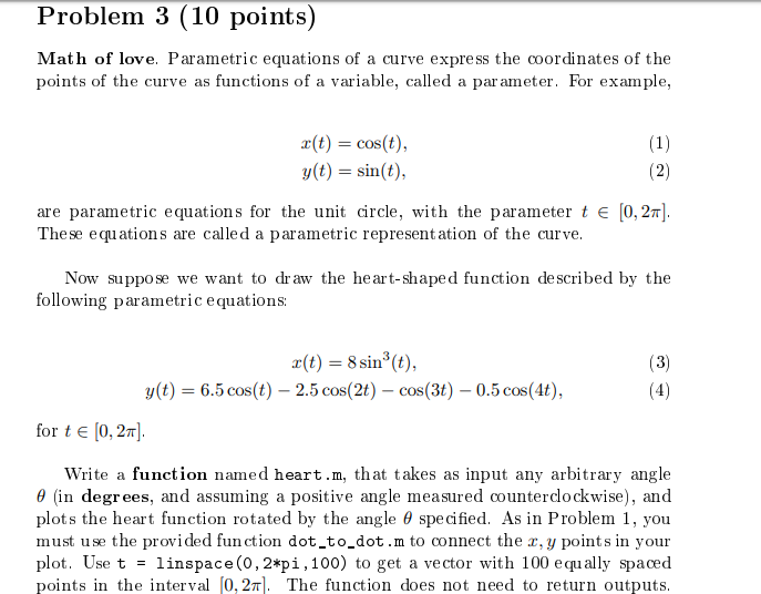 Problem 3 (10 points) Math of love. Parametric | Chegg.com