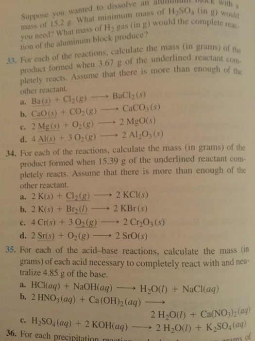 Solved For each of the reactions, calculate the mass (in | Chegg.com