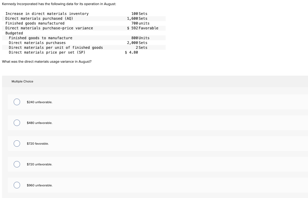 Solved What was the direct materials usage variance in | Chegg.com