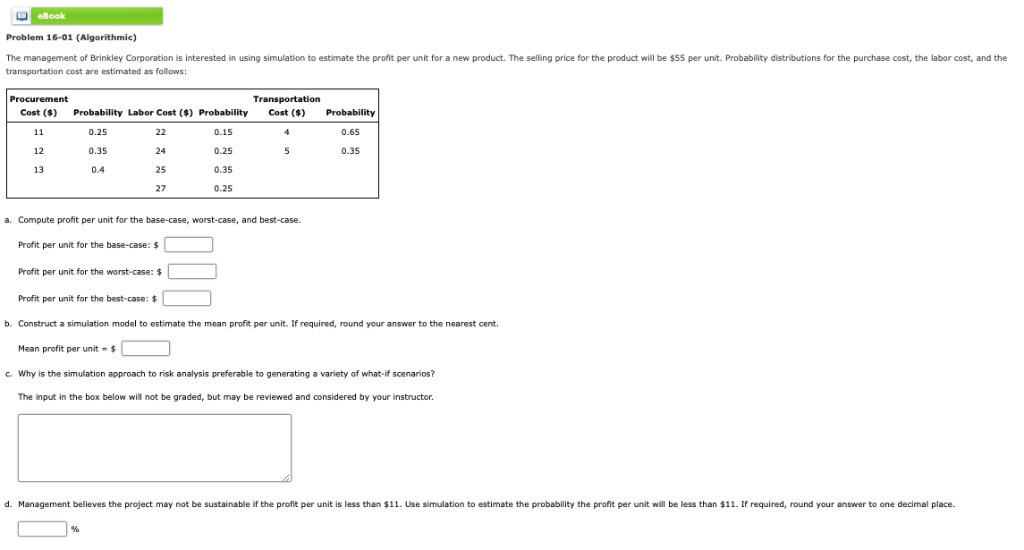 eBook Problem 16-01 (Algorithmic) The management of | Chegg.com