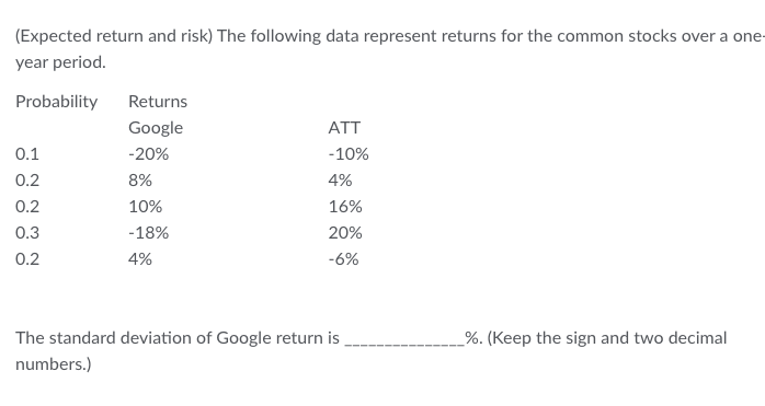 Solved (Expected return and risk) The following data | Chegg.com