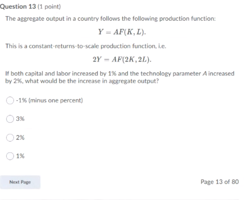Solved Question 13 (1 point) The aggregate output in a | Chegg.com