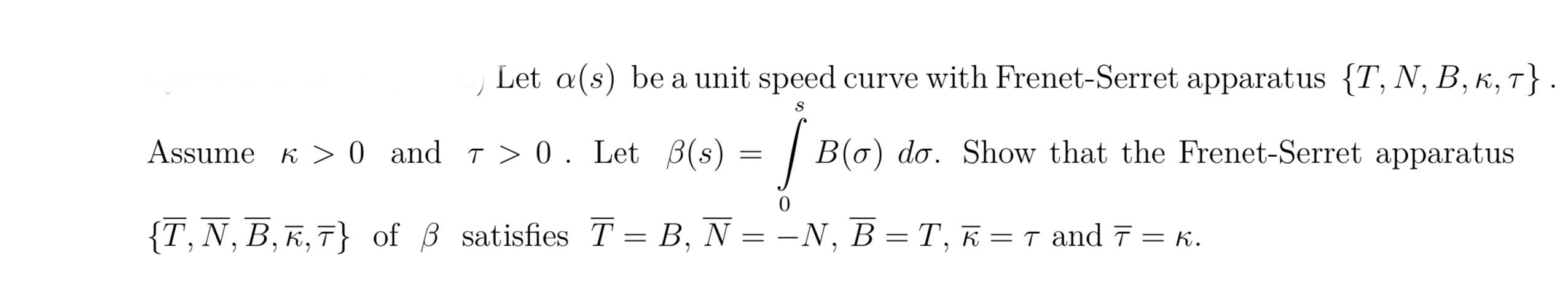 Solved Let α(s) be a unit speed curve with Frenet-Serret | Chegg.com