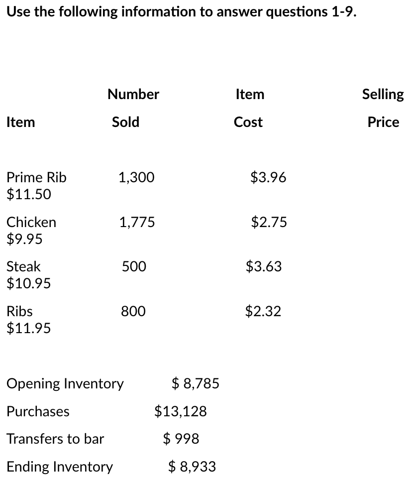 Solved Use the following information to answer questions | Chegg.com