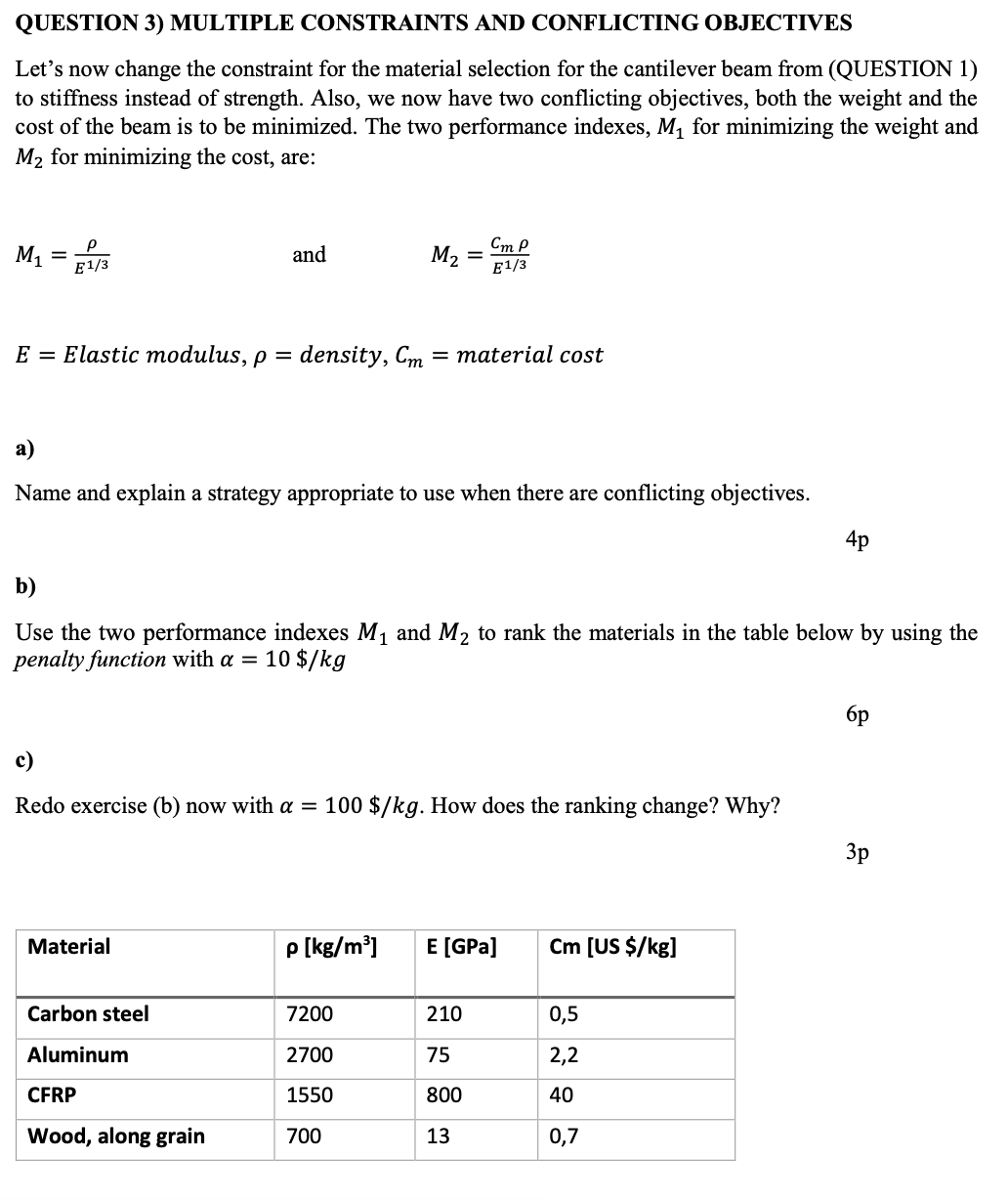 Solved QUESTION 1) MATERIAL SELECTION PROCESS AND INDEX | Chegg.com
