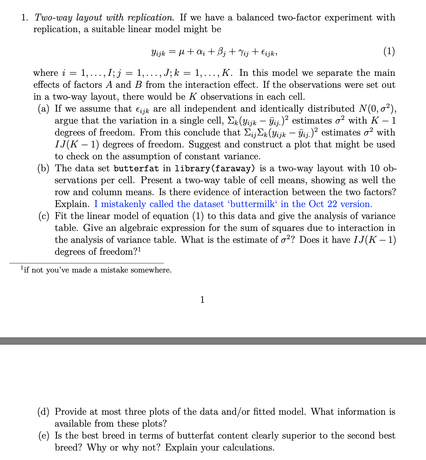 1. Two-way layout with replication. If we have a | Chegg.com