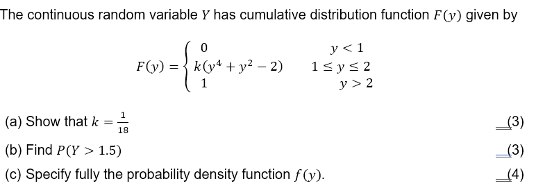 Solved The continuous random variable Y has cumulative | Chegg.com