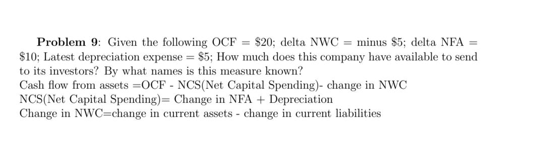 Solved Problem 9: Given the following OCF = $20; delta NWC = | Chegg.com