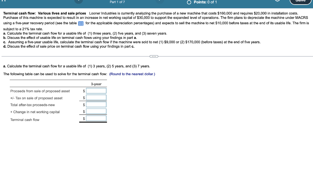 Terminal cash flow: Various lives and sale prices | Chegg.com