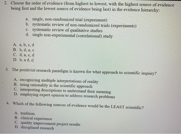 Solved 2. Choose the order of evidence (from highest to | Chegg.com