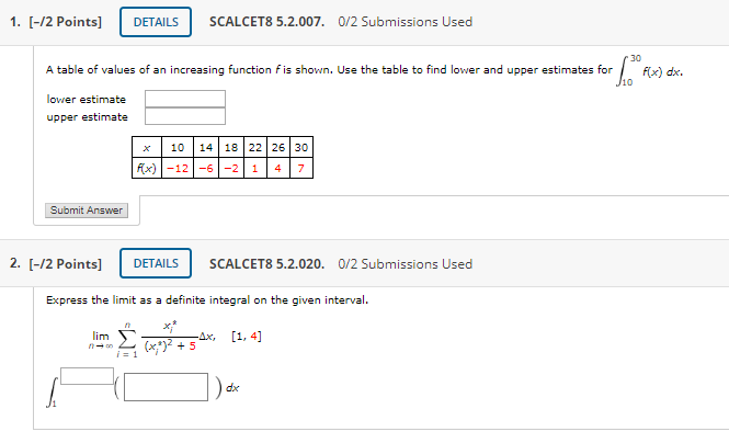 Solved 1. [-12 Points] DETAILS SCALCET8 5.2.007. 0/2 | Chegg.com