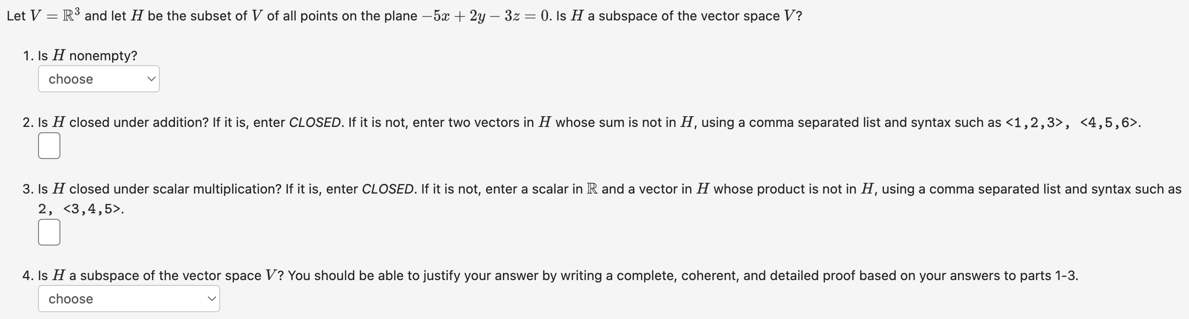 Solved Let V=R3 and let H be the subset of V of all points | Chegg.com