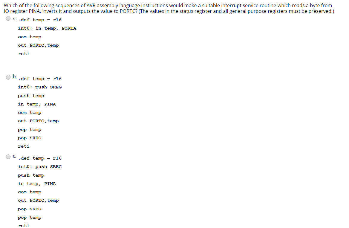 Which of the following sequences of AVR assembly | Chegg.com