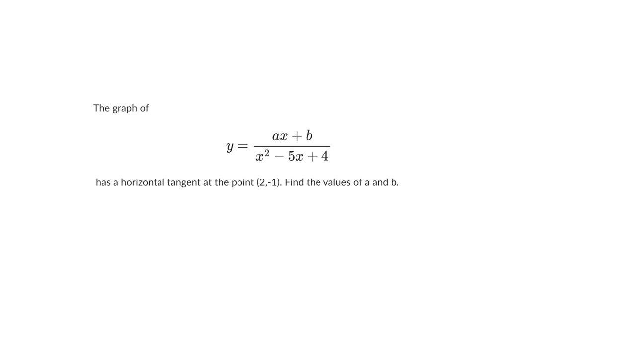 Solved The graph of y=x2−5x+4ax+b has a horizontal tangent | Chegg.com