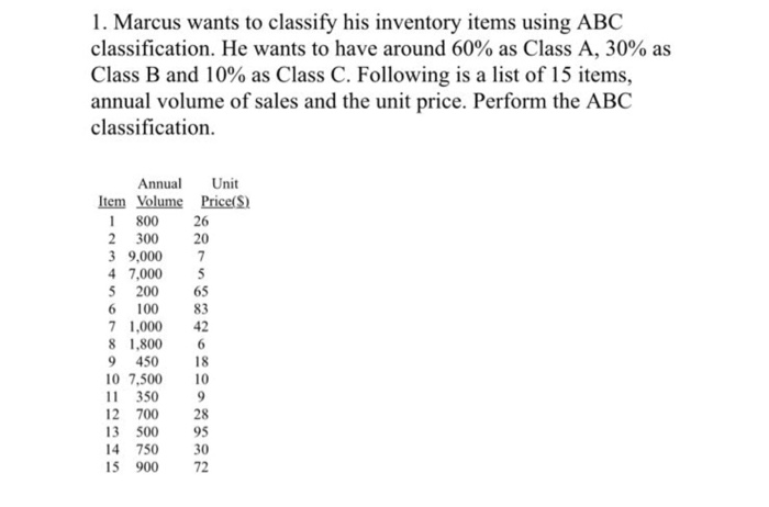 Solved 1. Marcus wants to classify his inventory items using | Chegg.com