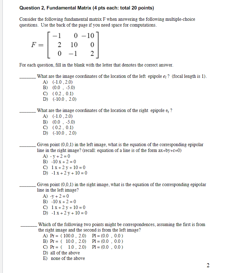 Solved Question 2, Fundamental Matrix (4 pts each: total 20 | Chegg.com