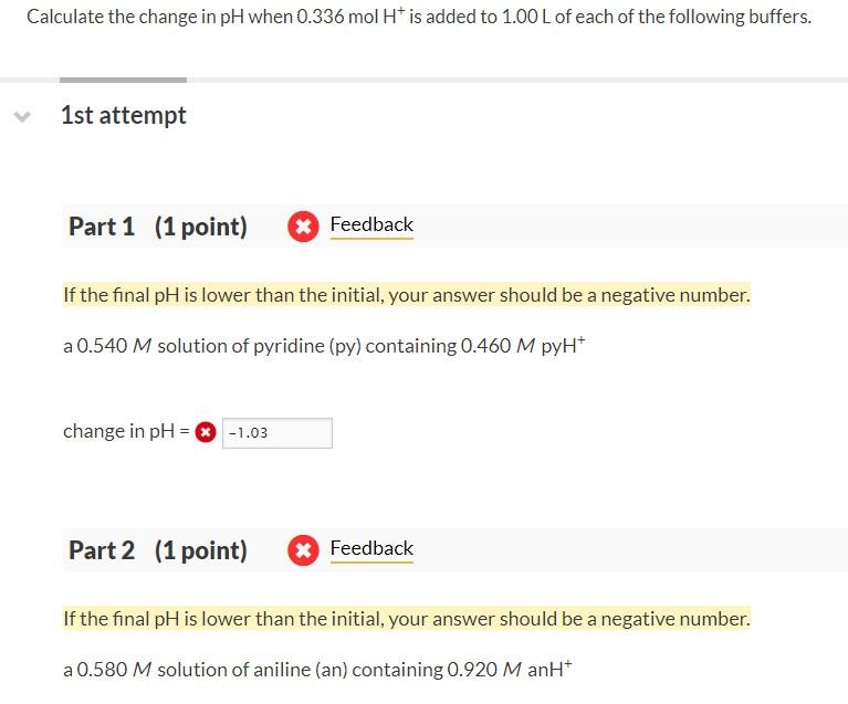 Solved Calculate the change in pH when 0.336 molH+is added | Chegg.com