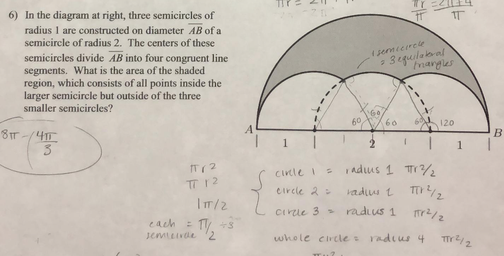 Solved T T 6) In the diagram at right, three semicircles of | Chegg.com