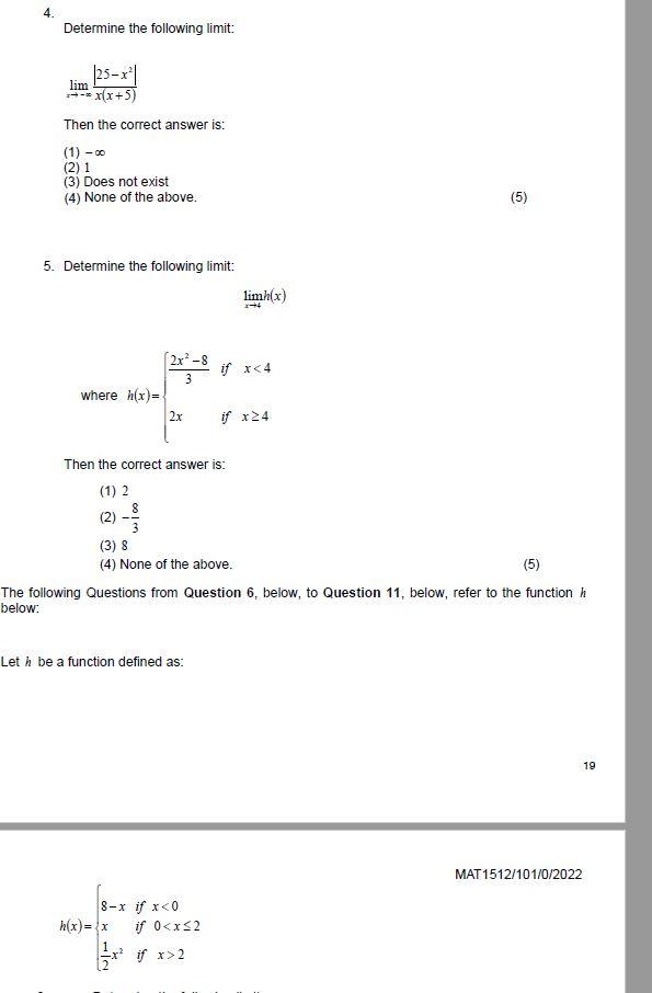 Solved 1. Determine the following limits: and lim 6-x-2 lim | Chegg.com