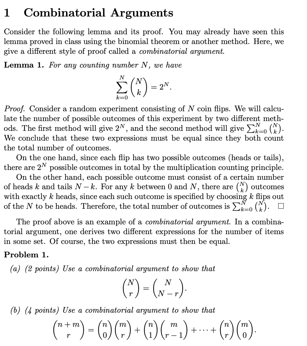Solved 1 Combinatorial Arguments Consider the following | Chegg.com