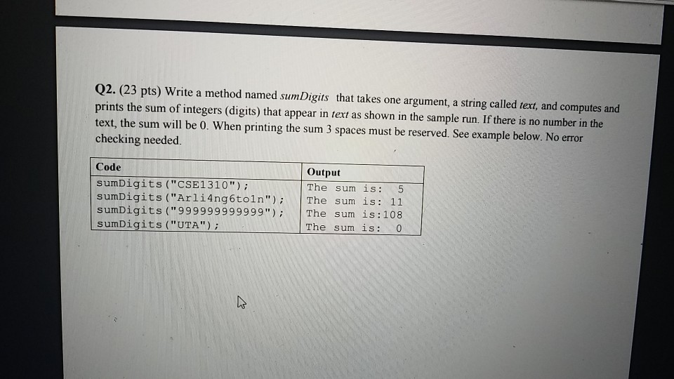 Solved Q2 23 Pts Write A Method Named Sumdigits That 1165