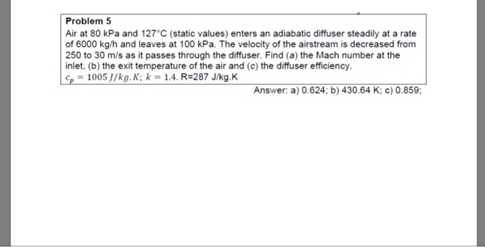 Solved Problem 5 Air at 80 kPa and 127 C (static values) | Chegg.com