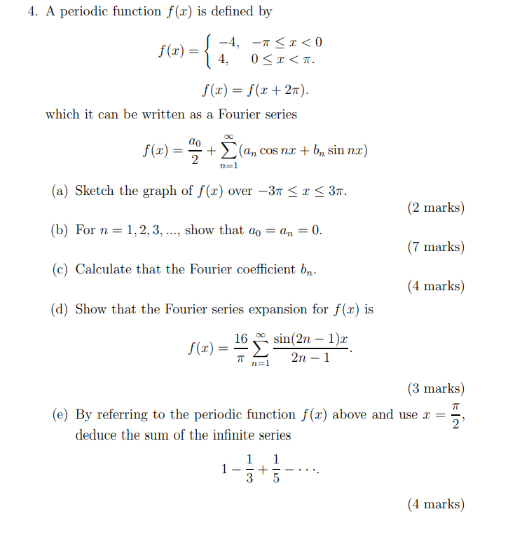 Solved 4. A periodic function f(x) is defined by -4, :{ -T≤ | Chegg.com