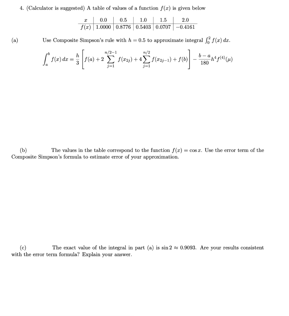 Solved 4. (Calculator is suggested) A table of values of a | Chegg.com