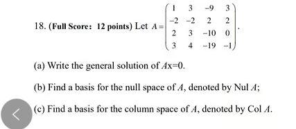 Solved 18. (Full Score: 12 points) Let A = 1 3 -9 3 -2 -2 2 | Chegg.com