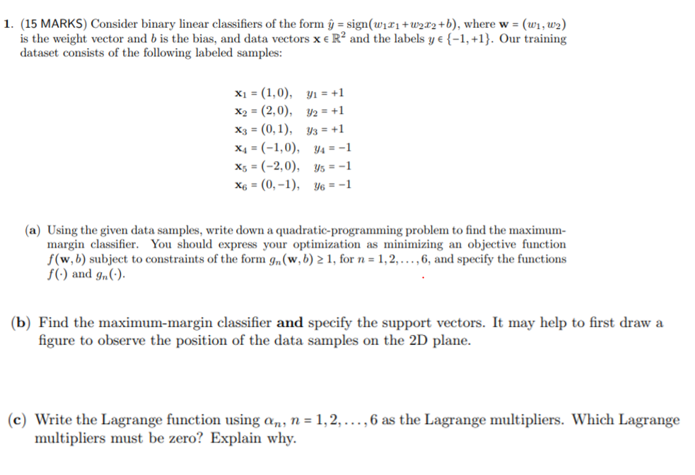 1. (15 MARKS) Consider binary linear classifiers of | Chegg.com
