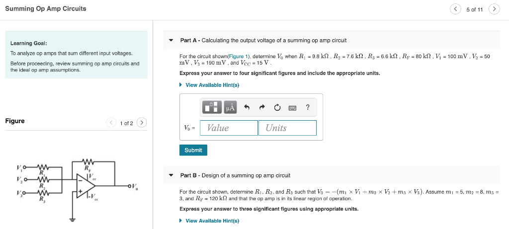 Solved Summing Op Amp Circuits 5 of 11> Part A Calculating | Chegg.com