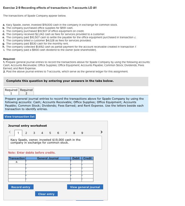 Solved Exercise 2-9 Recording effects of transactions in | Chegg.com