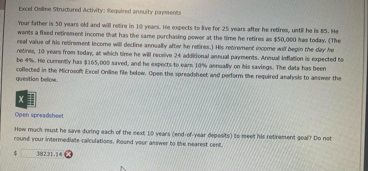 Solved Excel Online Structured Activity: Required annuity | Chegg.com