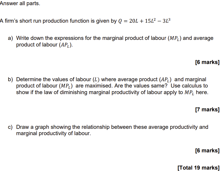 Solved Answer all parts. A firm's short run production | Chegg.com