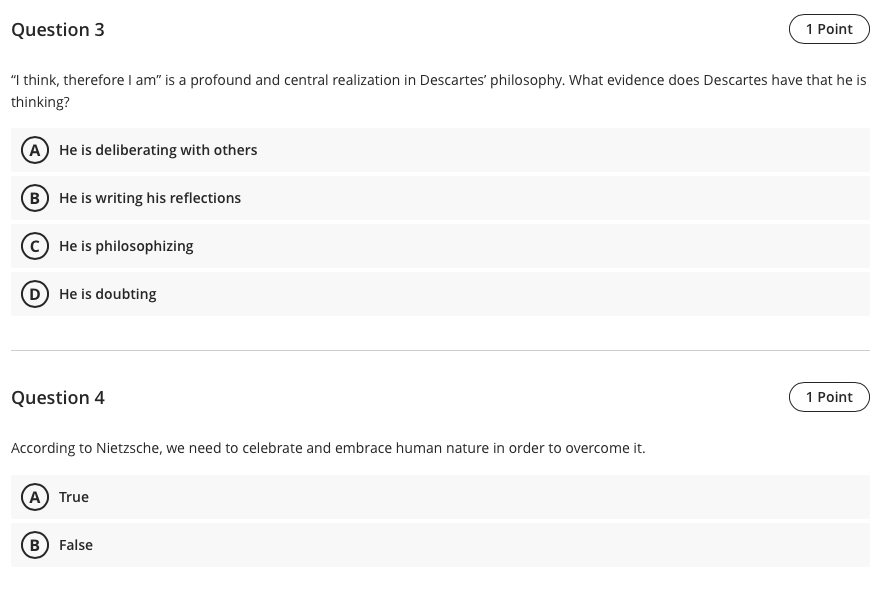 Solved Question 3 1 Point I Think Therefore I Am Is A