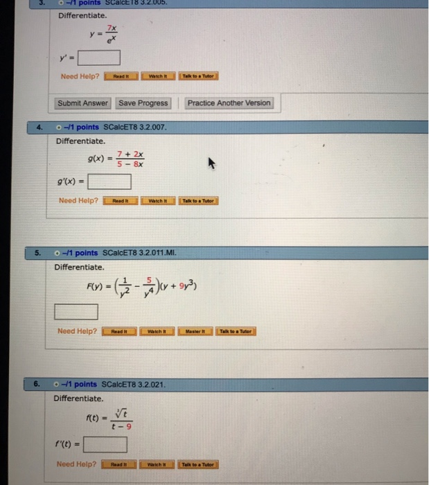Solved O1 points SCalcET8 3.2.005. 3. Differentiate. 7x ex | Chegg.com