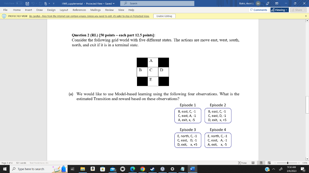 Solved Question 2 (RL) [50 points - each part 12.5 points]: | Chegg.com