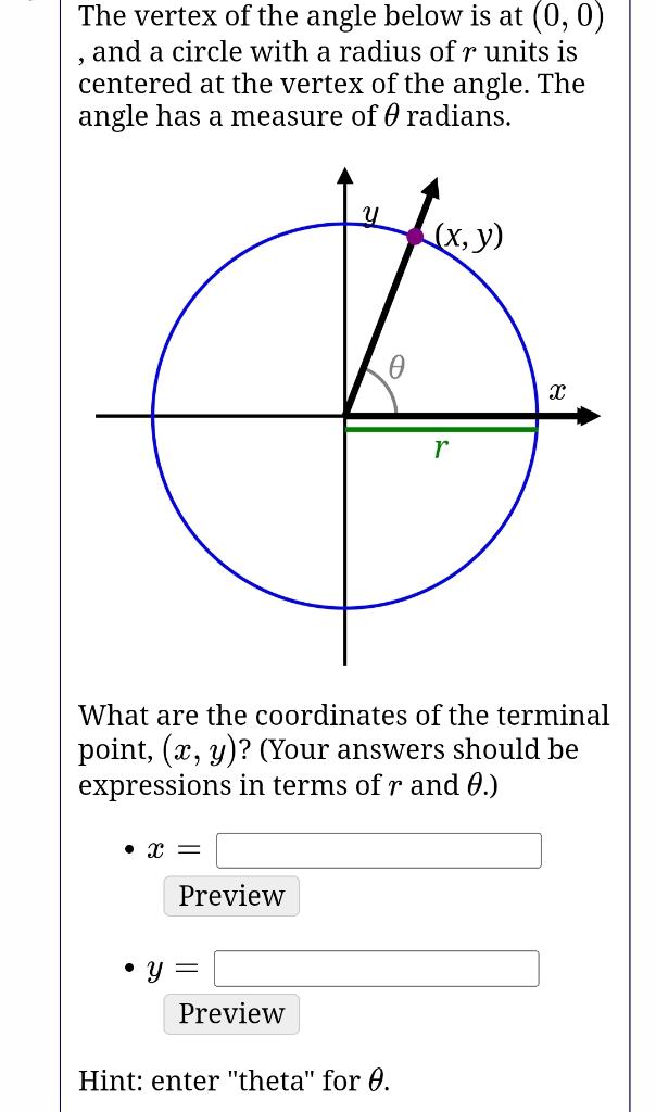 Solved The vertex of the angle below is at (0,0) , and a | Chegg.com