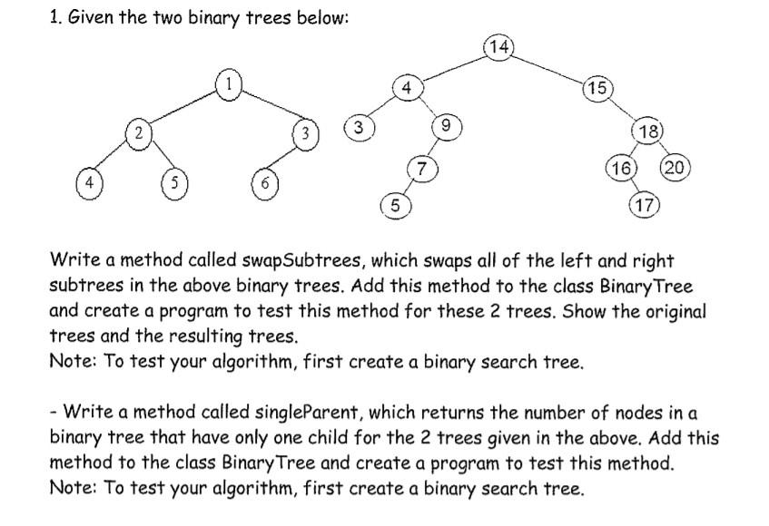 Solved 1. Given the two binary trees below: (14) 4 (15 9 N 3 | Chegg.com