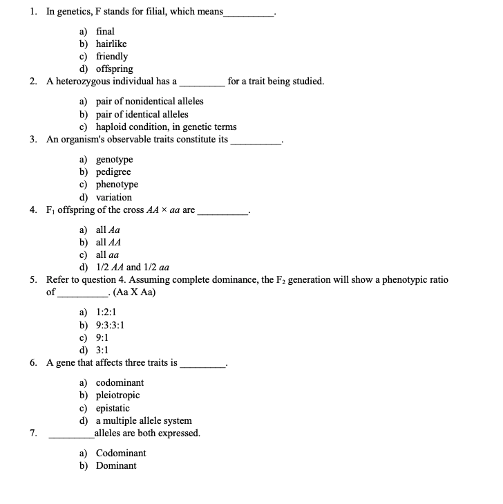 Solved 1. In genetics, F stands for filial, which means a) | Chegg.com